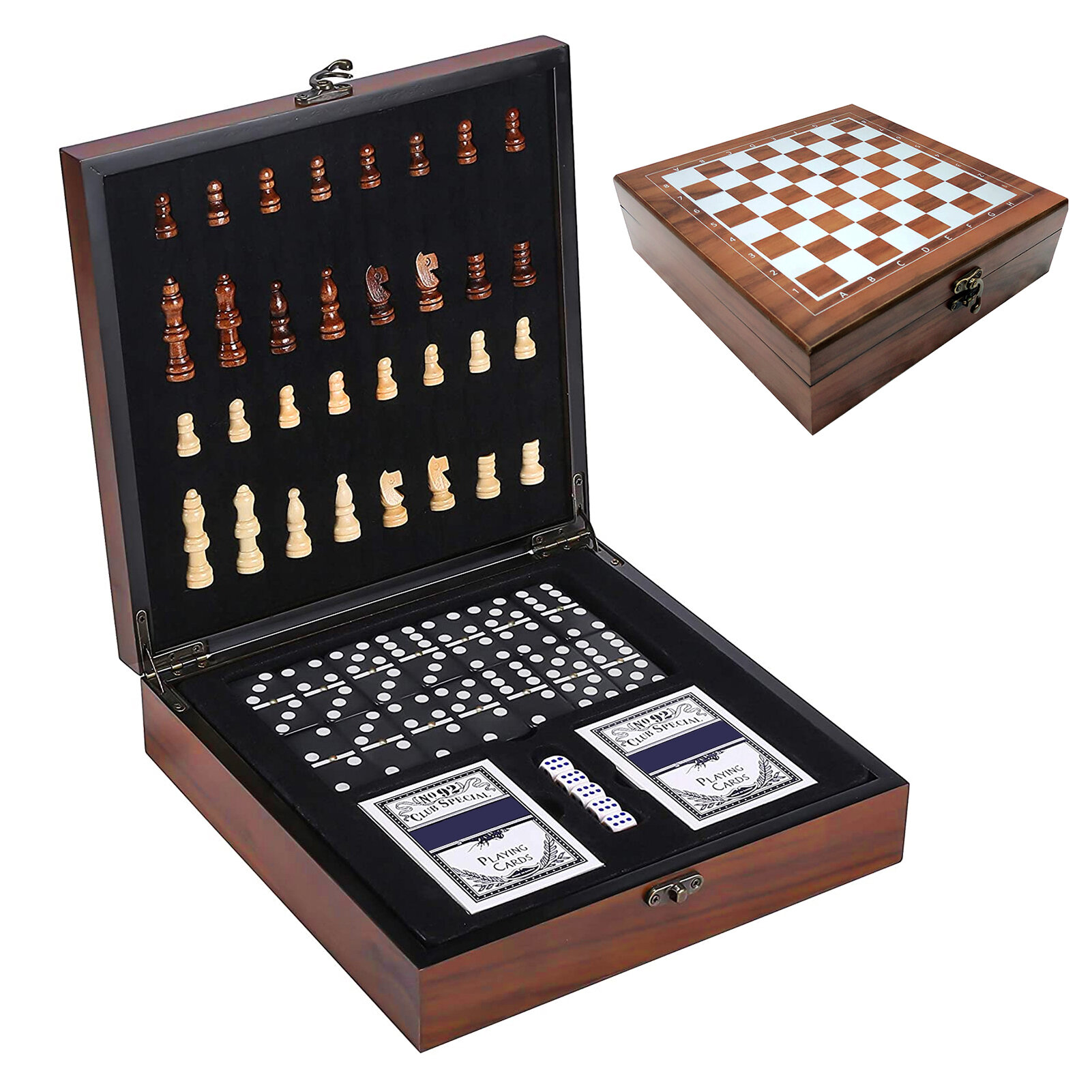 4-IN-1 Chess Set Kids Adults Board Game for Playing Cards Dices Dotted Tiles