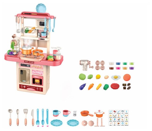 Игровой набор кухня детская игровая для девочек с мясорубкой и тестом для лепки, высота 75 см, свет, звук, вода, пар, посуда, продукты