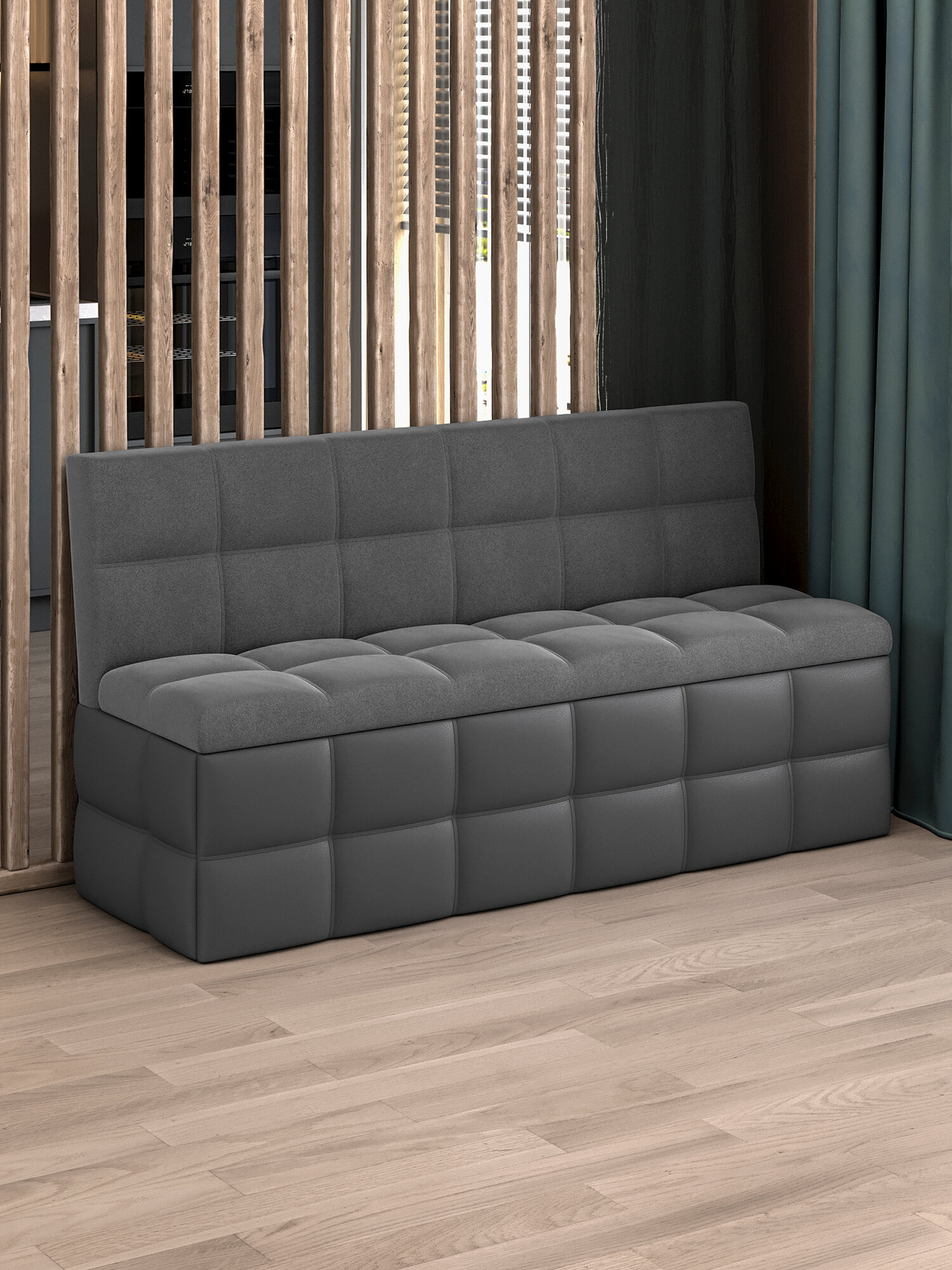 Диван прямой на кухню Домино Исп. 2 (Кожзам серый/Велюр серый)