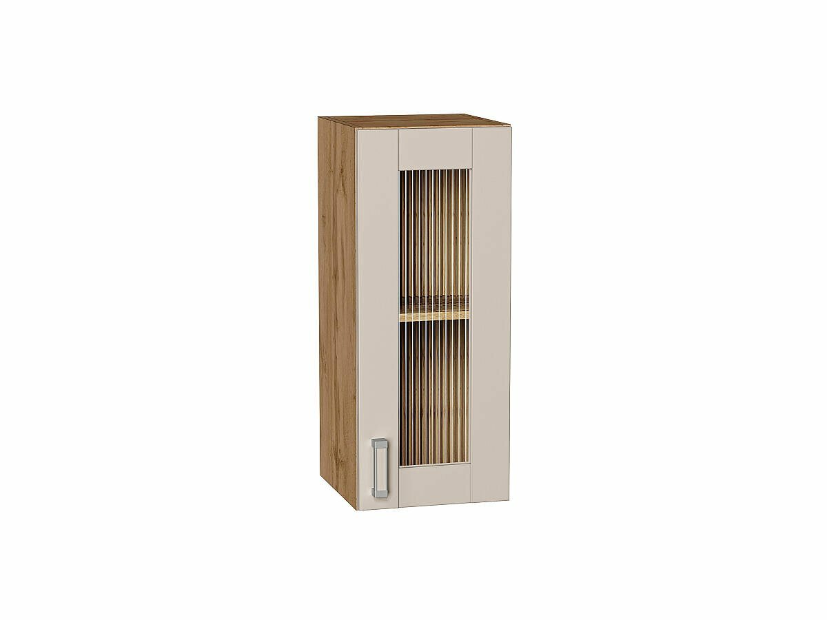 Шкаф верхний с 1-ой остекленной дверцей Лофт, цвет фасада Cream Silk, цвет каркаса Дуб Вотан, стекло Magic Moru V, 716*300*320 мм