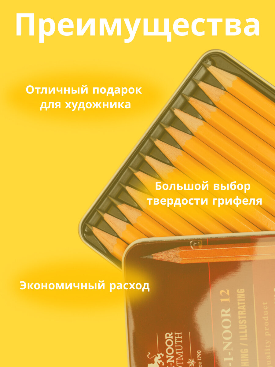 Набор карандашей чернографитных разной твердости 12 штук Koh-i-Noor 1502/III, 5B-5H, в металлическом пенале