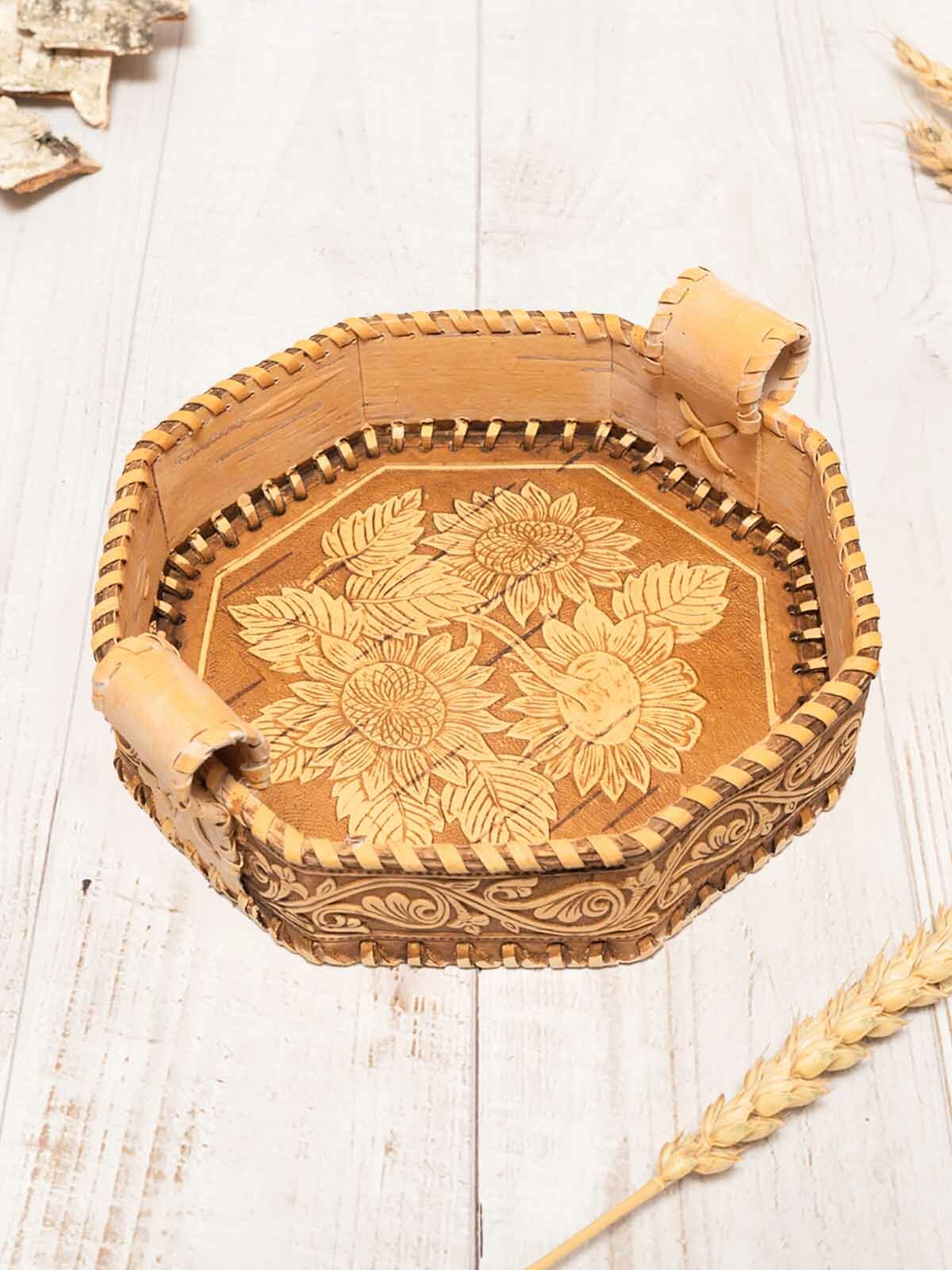 Тарелка - Сухарница Подсолнух, Ромб, береста, 21х19х7 см