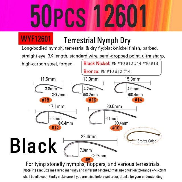 WIFREO Рыболовные крючки для нахлыста из высокоуглеродистой стали Черный, size 18, 50PCS F12601Black