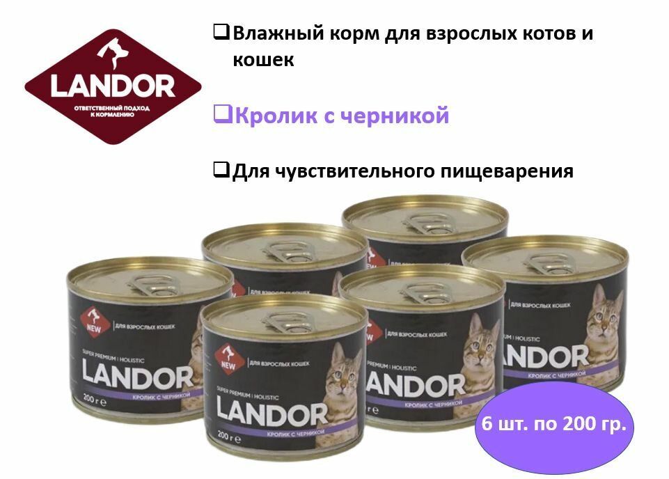 Полнорационный влажный корм LANDOR для взрослых кошек кролик с черникой 200г х 6шт.
