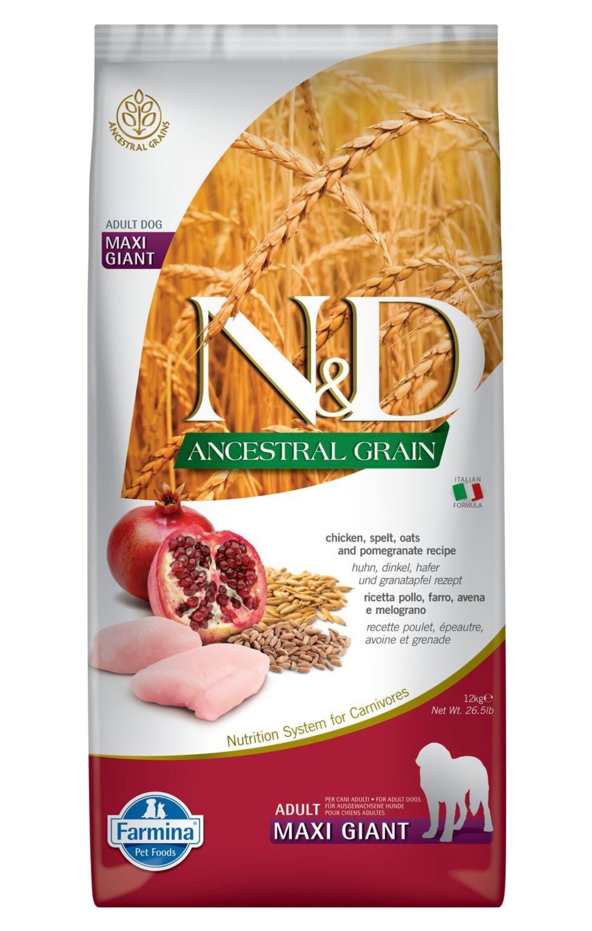 Корм сухой FARMINA ND ANCESTRAL GRAIN DOG Chicken Pomegrante Adult GIANT Maxi для взрослых собак гигантских пород с курицей и гранатом, 12кг