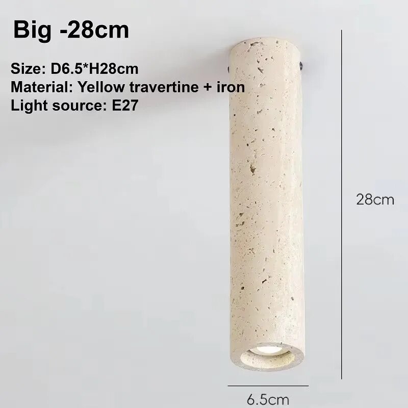 Цилиндрический травертиновый потолочный светильник Stone DownLight с точечной лампочкой E27, 28cm, Warm Light 3000K, Бежевый
