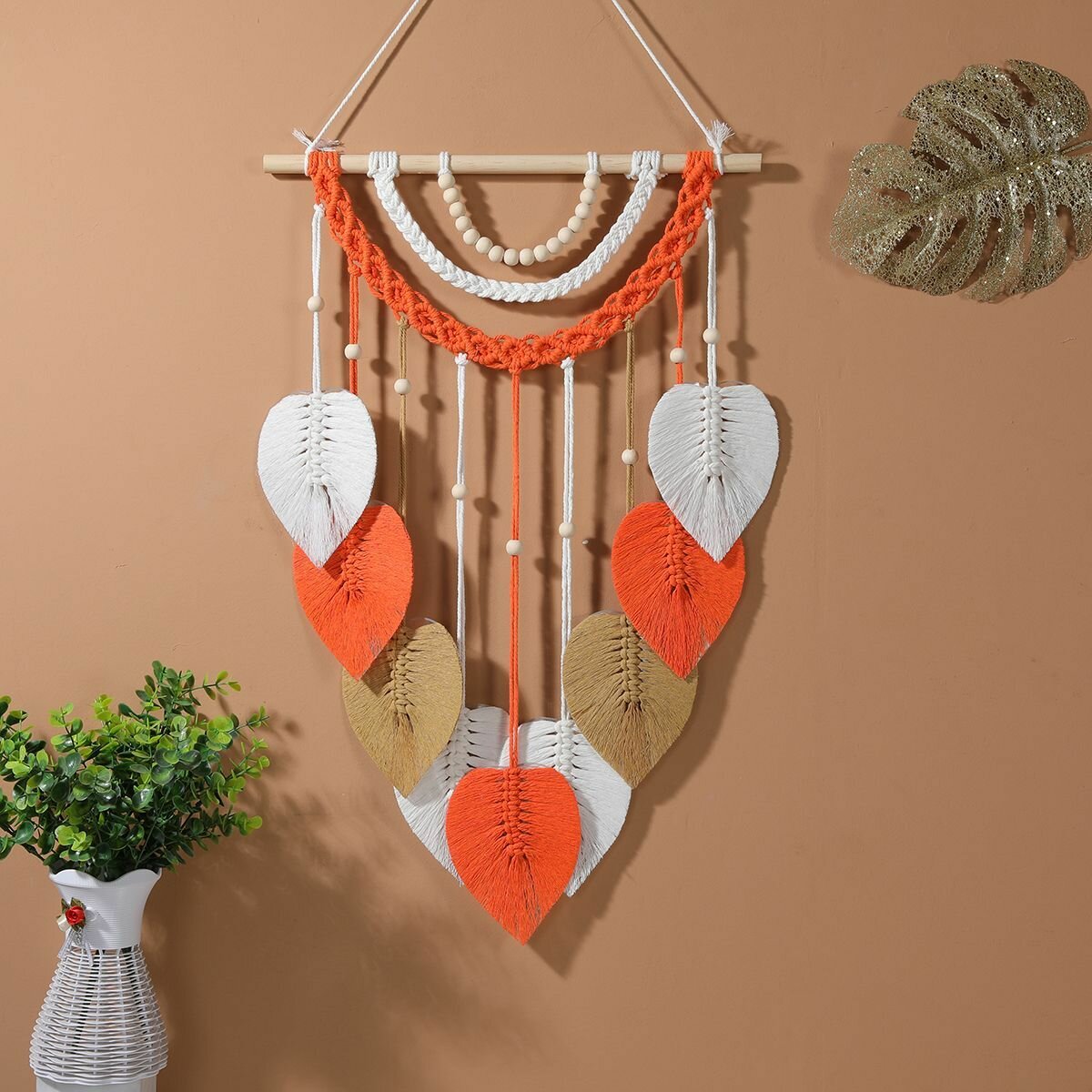 Настенный гобелен из листьев Панно настенное макраме, зеленый