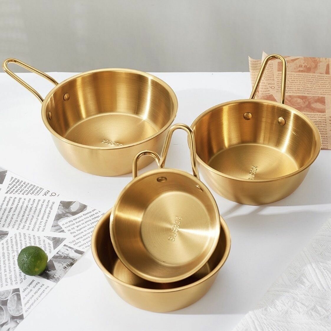 Набор кокотниц для жульена с ручкой 200 мл, кокотница нержавейка 6 штуки, жульенница, форма для выпечки и запекания/золотой