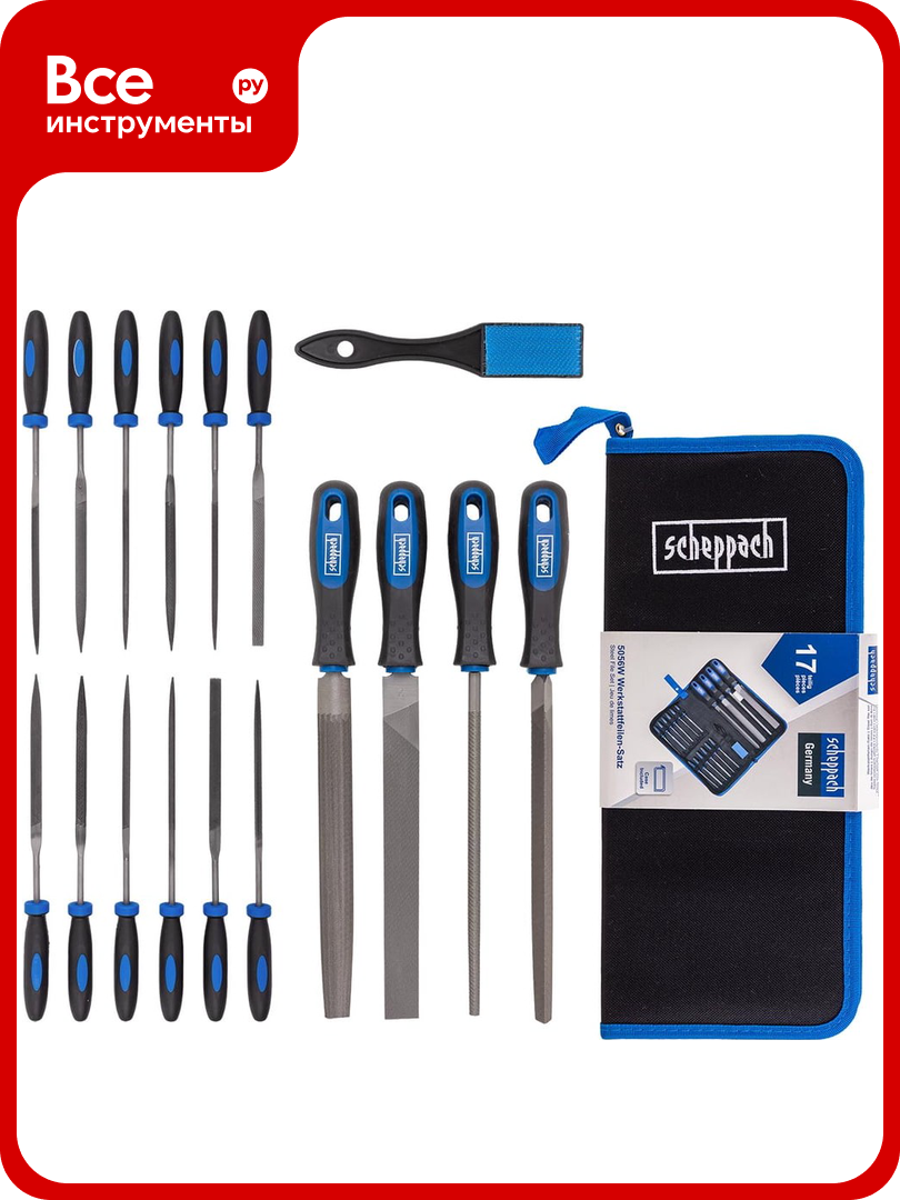 Набор напильников и надфилей разнопрофильных Scheppach 17пр (плоск, треуг, квадр, круг, полукруг, L-100мм, L-200мм) в