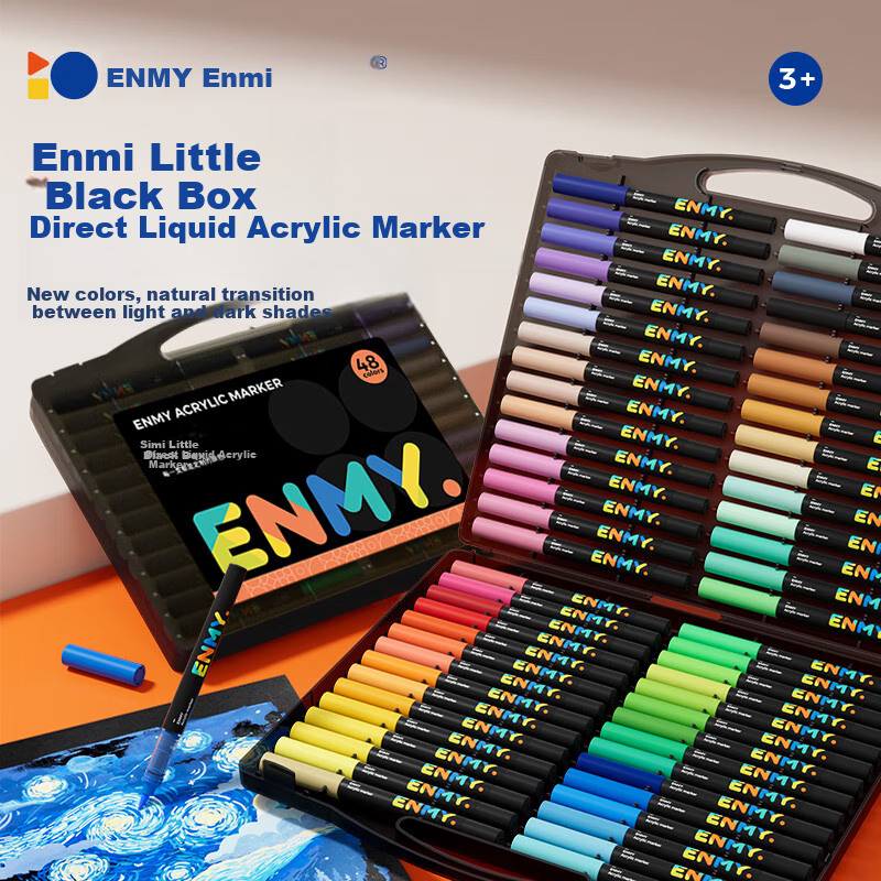 Enmy Mini Black Box Direct Liquid 48 Colors Acrylic Marker Pen Non-Transparent Color Stackable Color Pen Art Special Soft Head Elementary School Students Painting Pen Watercolor Pen Children's Paintin