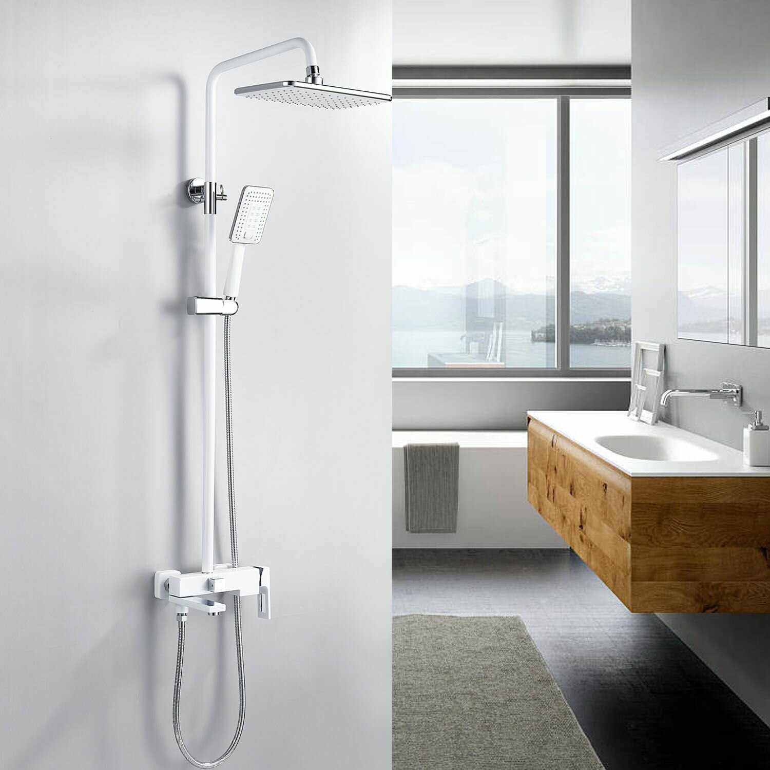 Душевая система Shevanik с верхним тропическим душем и ручной лейкой, белый/хром