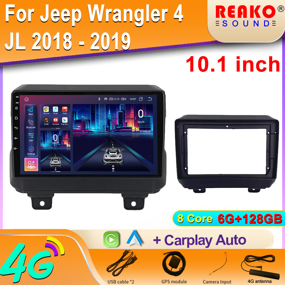 Магнитола для Jeep Wrangler 4 JL 2018 - 2019, с камерой заднего вида. IPS экран 10 дюймов, Wifi 2din с сенсорным экраном, usb и блютузом.