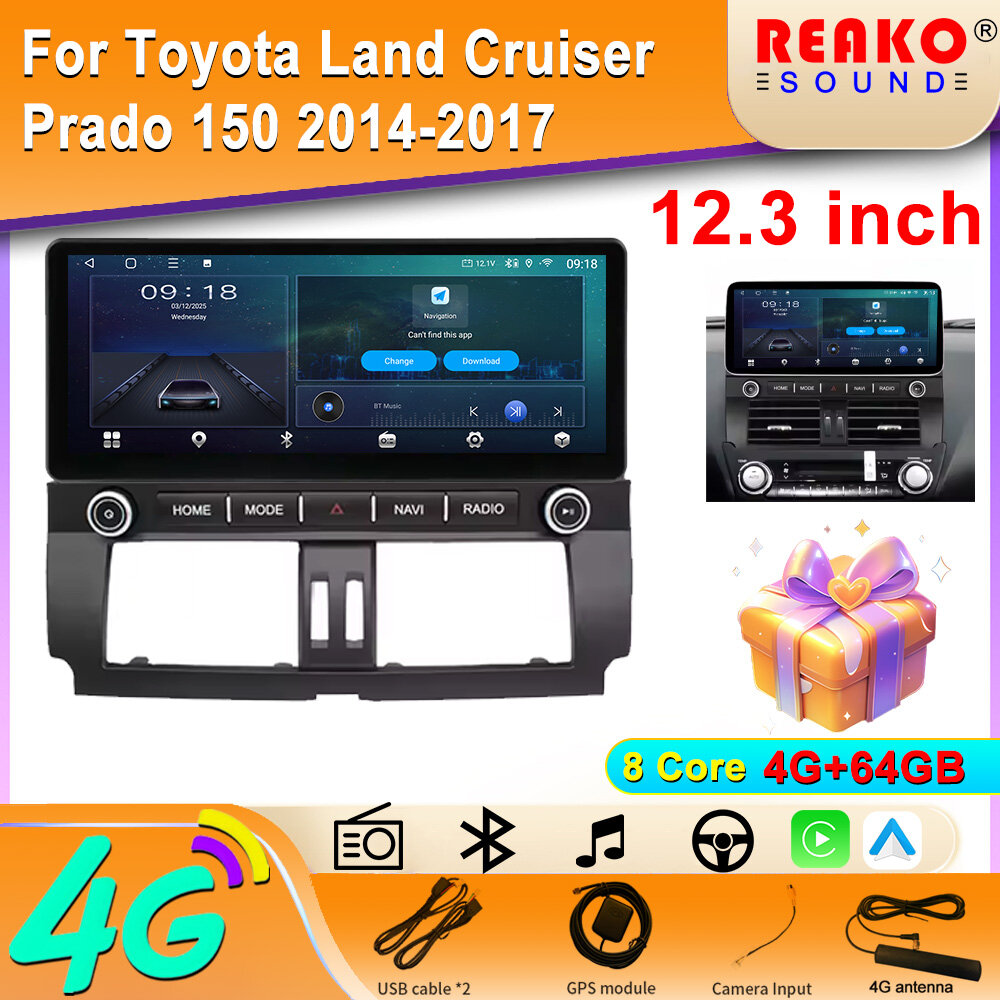 Магнитола для Toyota Land Cruiser Prado 150 2014-2017, с камерой заднего вида. IPS экран 12.3 дюймов, Wifi 2din с сенсорным экраном, usb и блютузом.