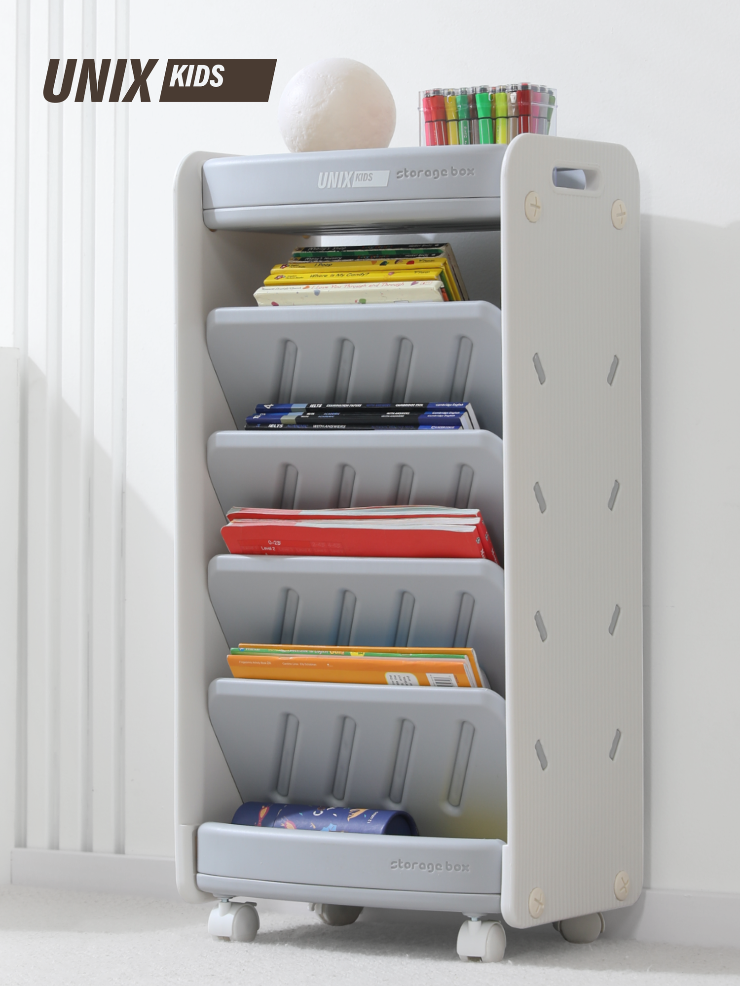 Детский стеллаж для книг UNIX Kids Storagebox 5 полок органайзер Монтессори для учебников, тетрадей напольный 78,5 см