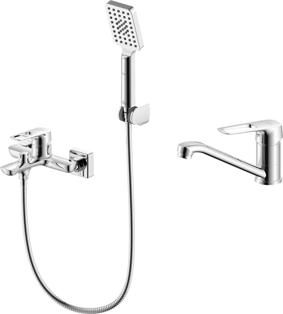 Комплект для ванной Rossinka RS46-22 / 2 в 1, со смесителем, с изливом, латунный, хром, глянцевый, душевая система