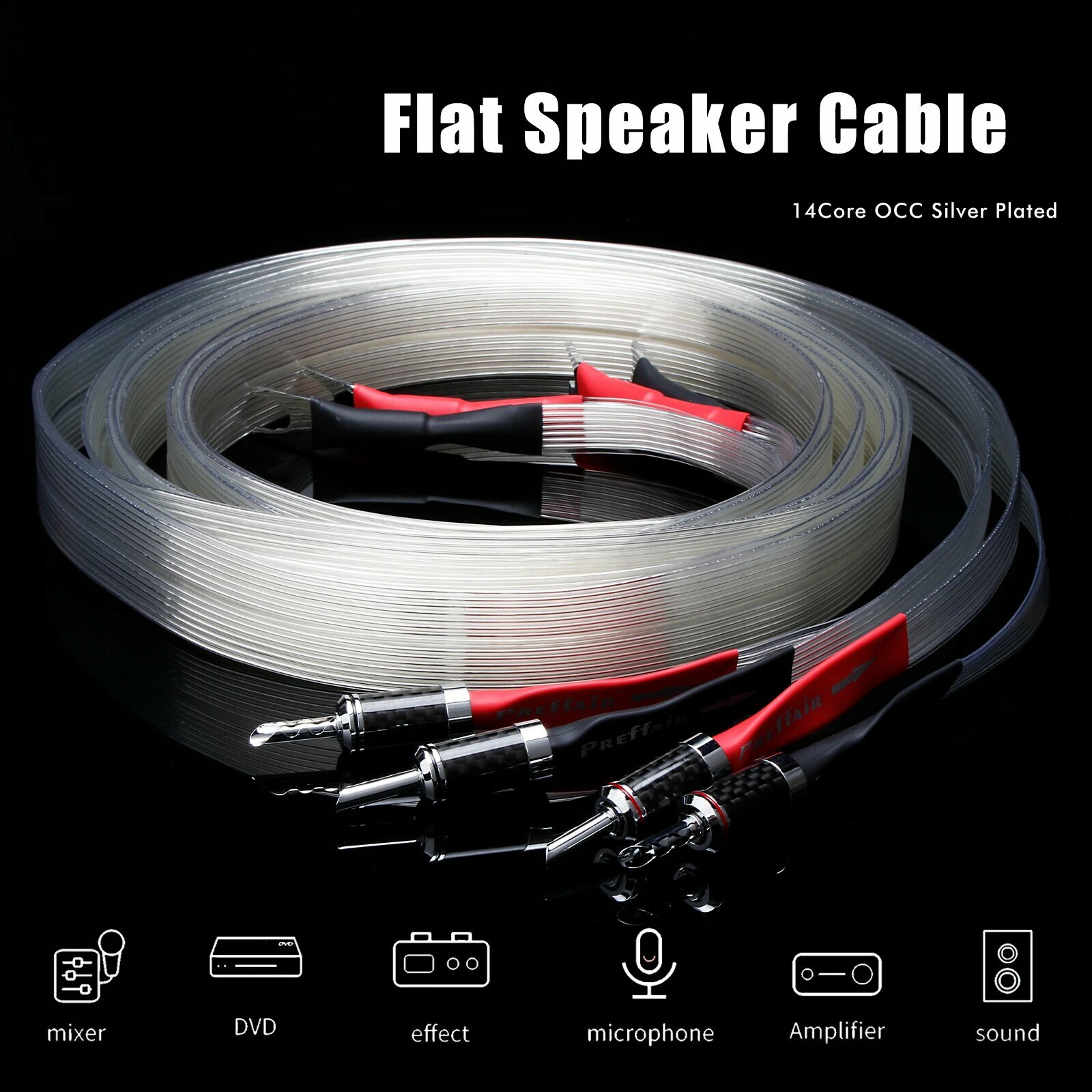 Пара динамиков, плоский провод, кабель 7N OCC, посеребренная музыкальная лента, аудиофильский кабель громкоговорителя с разъемом типа «банан» из углеродного волокна и лопатка