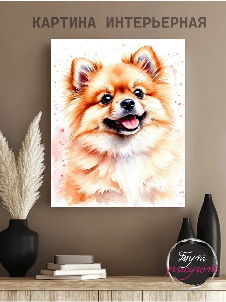 Картина интерьерная Тут рисуют "Шпиц", 40x50см, на подрамнике, цифровая печать, белый