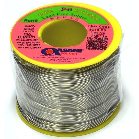 Бессвинцовый припой Asahi Припой WL993C07L08F, 0.8мм 0.25кг Sn99.3/0.7Cu (5013 флюс RMA), без свинца