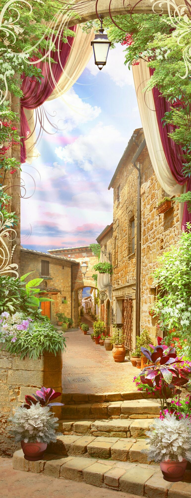 Фотообои Уютная стена "Улочка с лестницей и аркой" 100х270 см Виниловые Бесшовные (единым полотном)