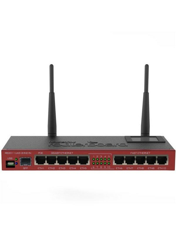 Wi-Fi роутер Mikrotik RB2011UiAS-2HnD-IN, Wi-Fi, 300 Мбит/c, 10 Ethernet-портов, черный/красный