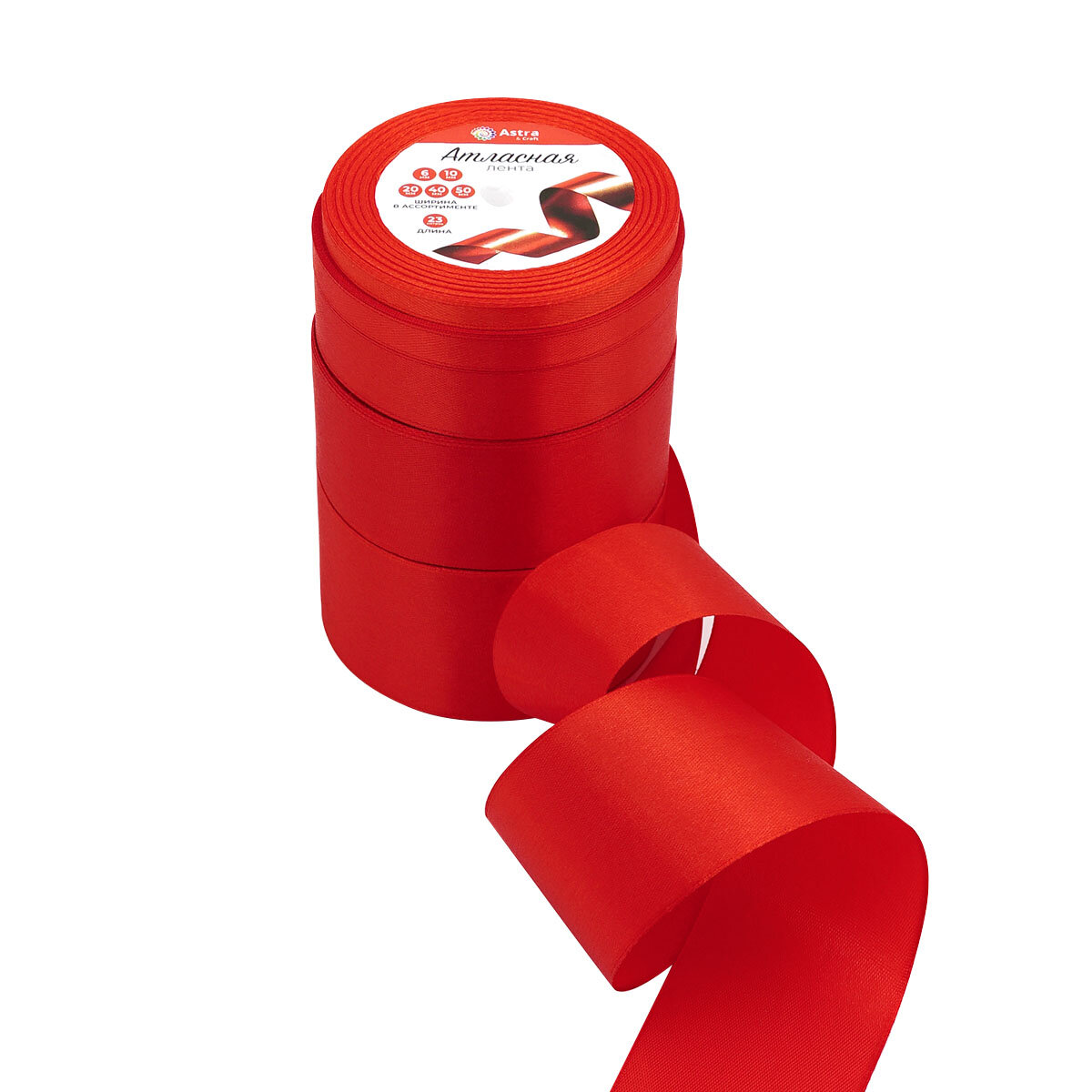 Лента атласная ассорти 5 размеров (0,6см/1см/2см/4см/5см)*23м (красный)