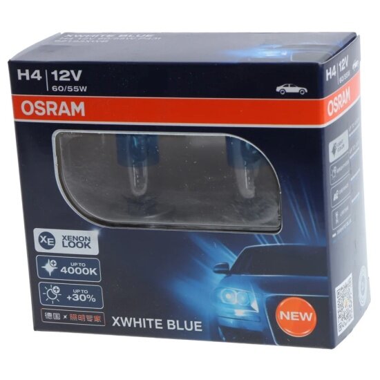 Лампа автомобильная Osram XWhite Blue H4 60/55W P43t-38+30% 4000K 12V, 2шт, 62193XWB-HCB