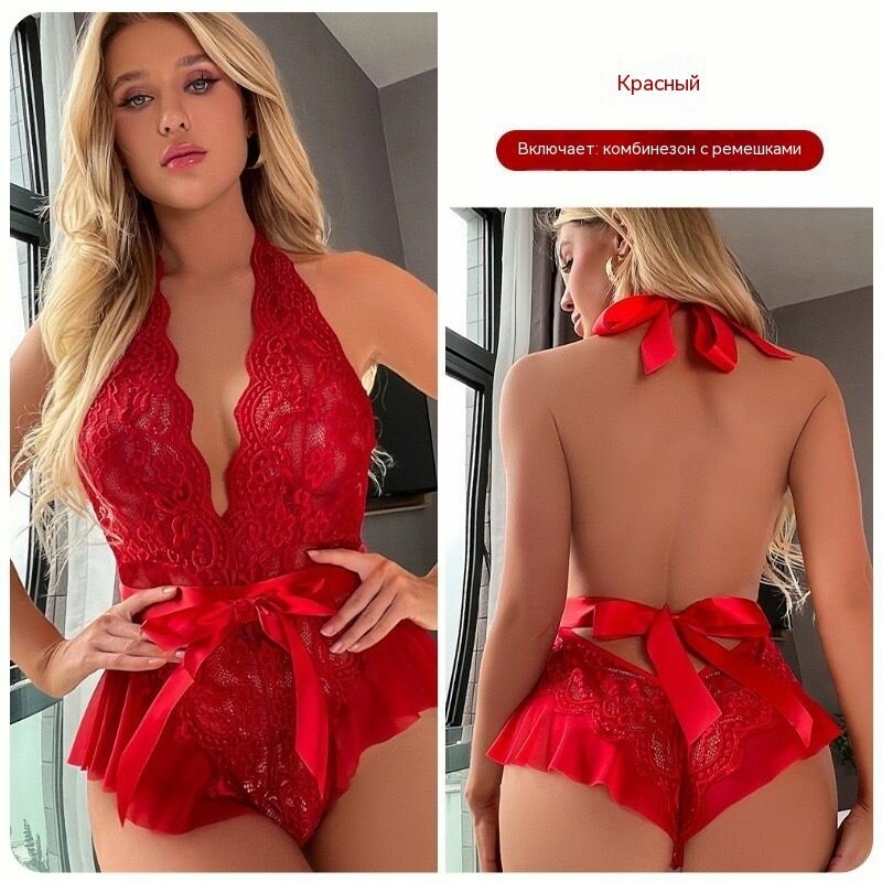 Женское боди с запахом на шее и открытой спиной с бантом