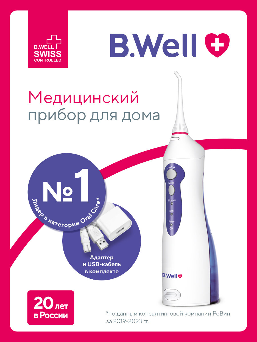 Портативный ирригатор для полости рта B.Well WI-911 с адаптером, 3 режима работы