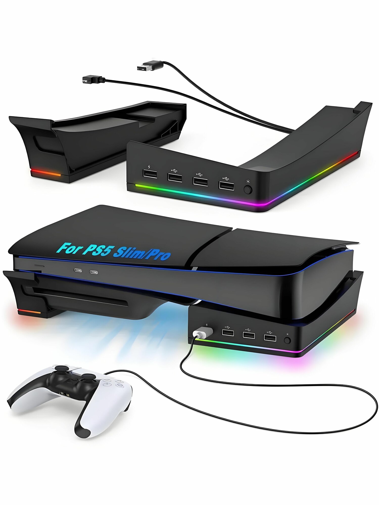 RGB Горизонтальная Стойка для PS5 Pro/Slim с 14 Режимами Подсветки и 4 USB-Хабами - Боковая Подставка для Дисковых/Цифровых Консолей, Базовый Держатель с Зарядкой Контроллеров