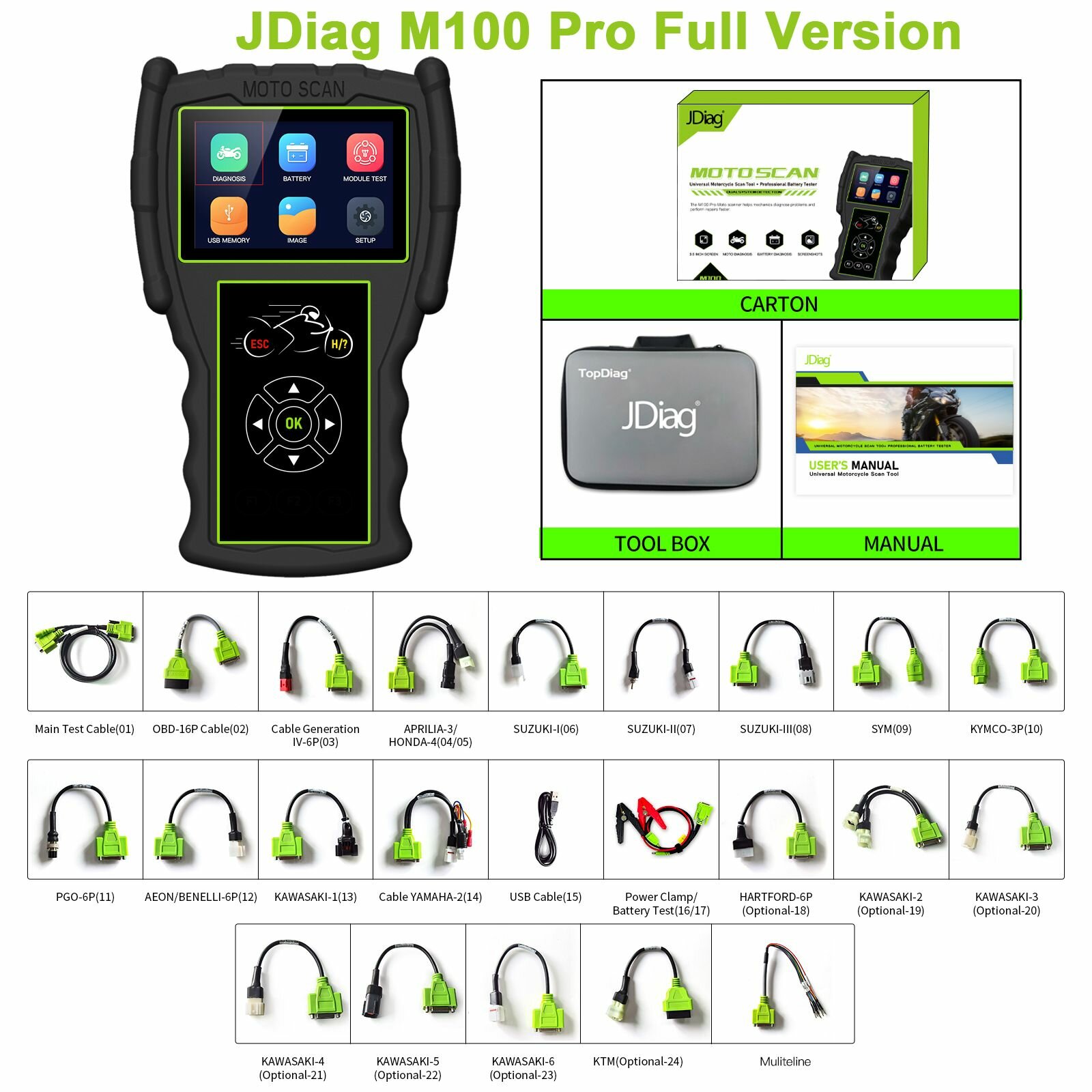 JDiag M100 Pro — мотоциклетный диагностический OBD2 сканер с 23 кабелями для BMW, Kawasaki, Yamaha, Suzuki, KTM