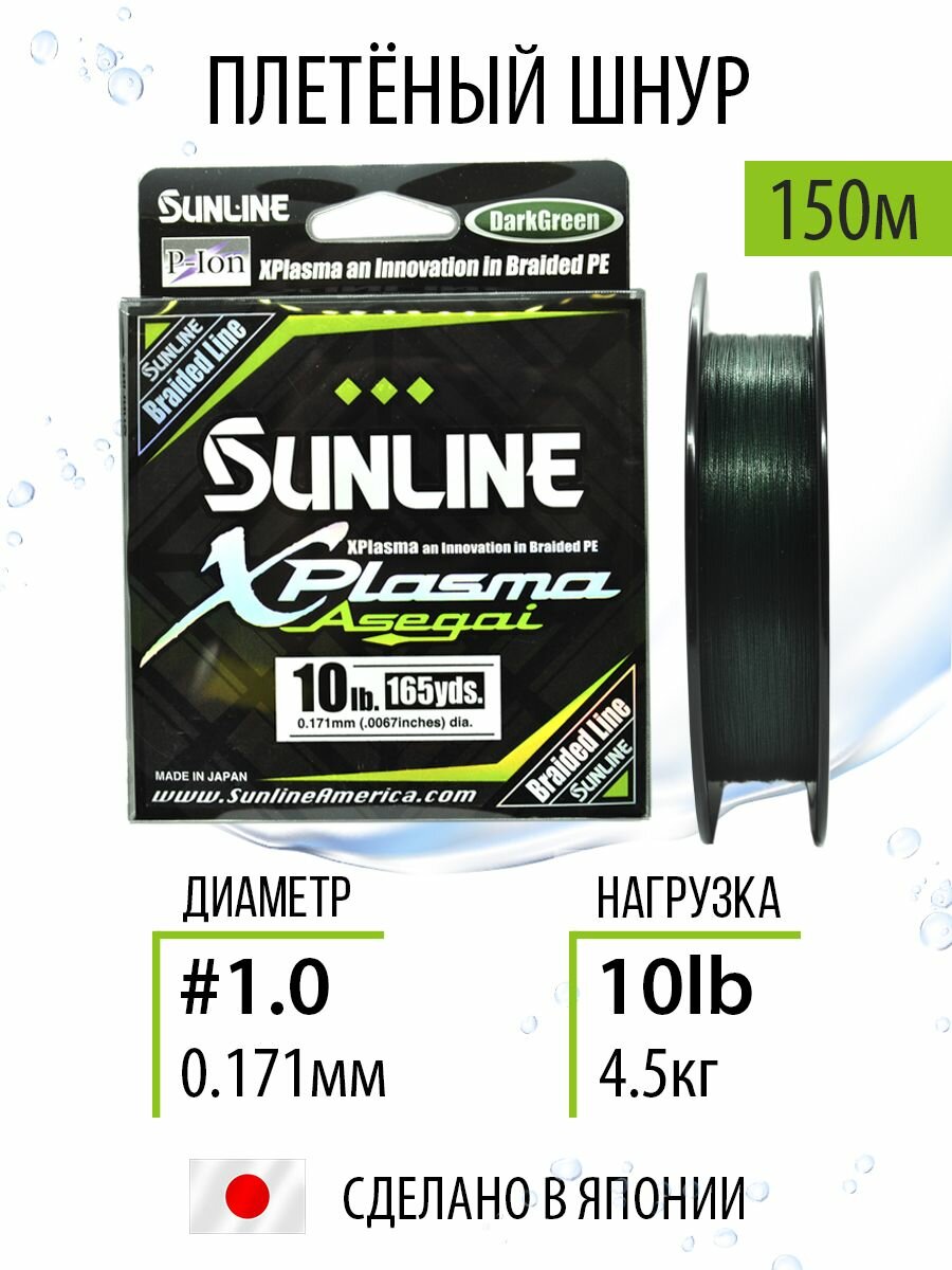 Плетёный шнур Sunline X-Plasma #1.0/10lb 150m Dark Green, плетенка рыболовная