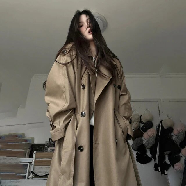 Серый женский плащ средней длины с поясом, двубортный, с карманами, облегающий, весна/осень, корейский, британский стиль, модная, новая ветровка