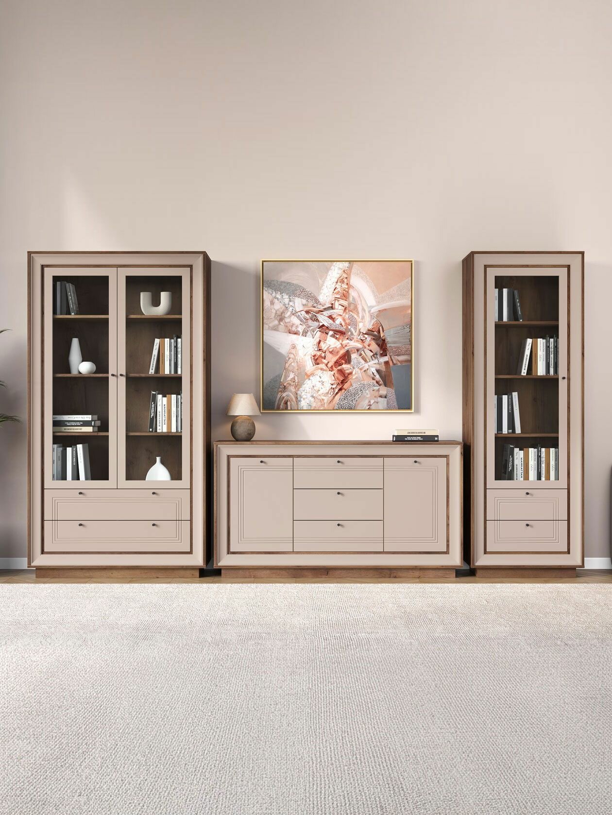 Гостиная комплект Прато, шкаф-витрина, комод, 333.8х42.6х202 см, Таксония шоколадная / Кофе с молоком