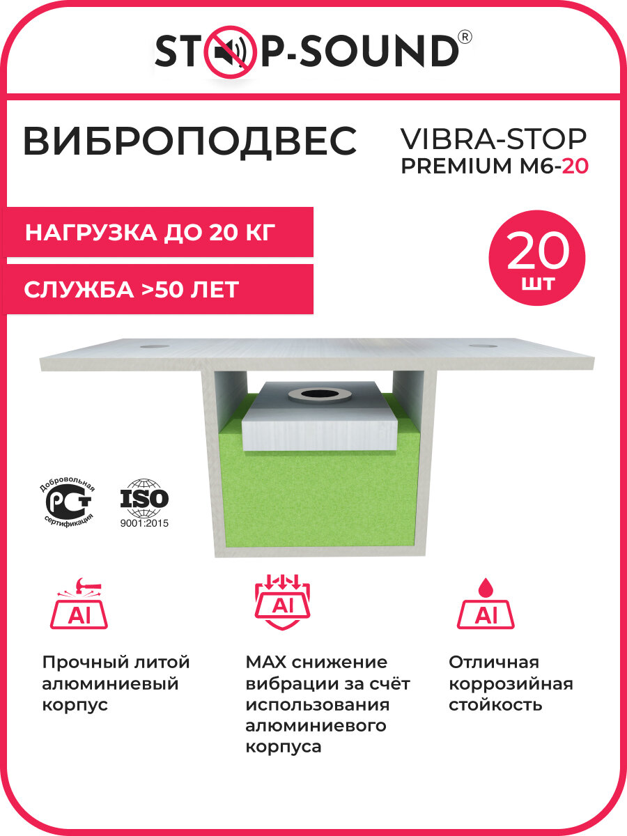 Виброподвес PREMIUM M6-20, AL корпус, эластомер, для потолка и оборудования, до 20кг, 20 штук