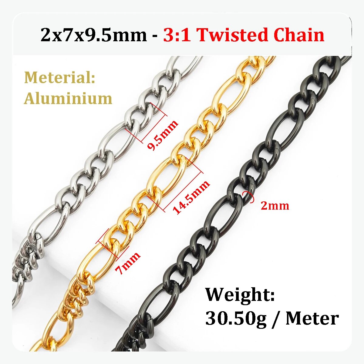 Витая цепочка из алюминия, 1 метр, Gun Black, 2x7x9.5mm 3-1
