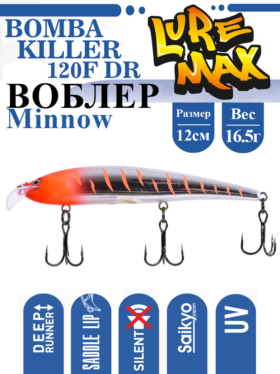 Воблер для рыбалки LureMax BOMBA KILLER 120FDR-080 16,5 г. для троллинга (судак, щука) плавающий