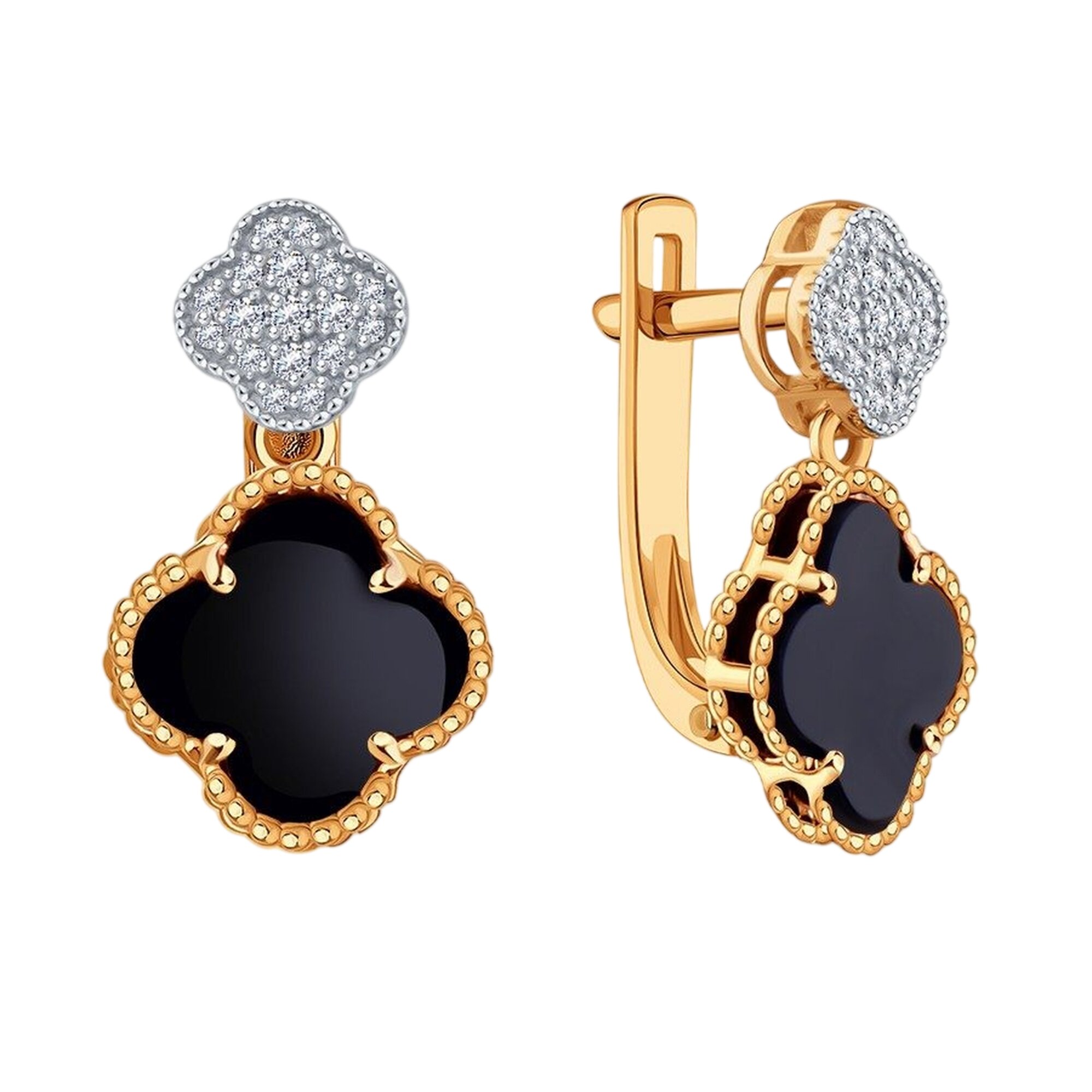 Серьги, красное золото, 585 проба, бриллиант, оникс