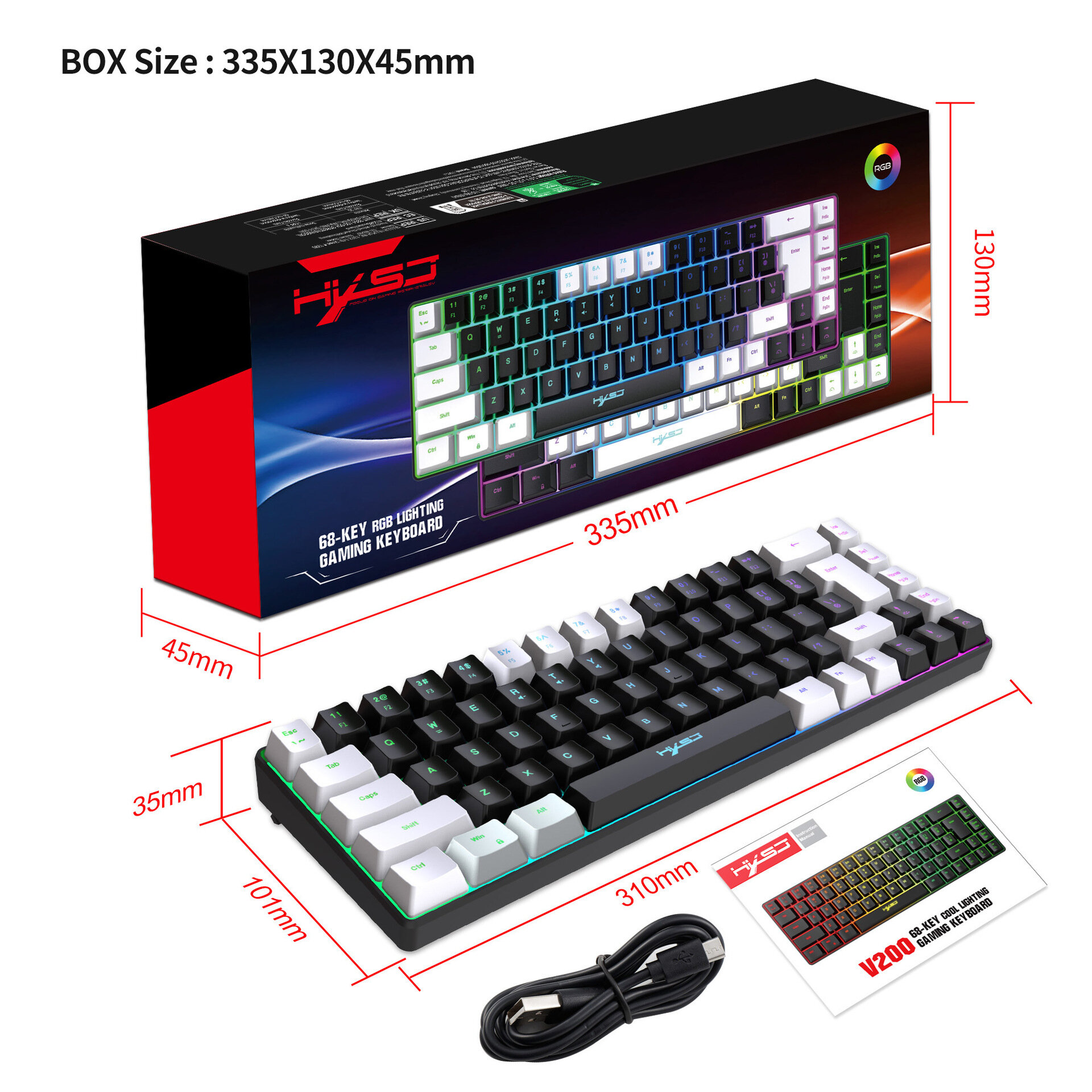 V200WB 68-клавишная проводная мембранная клавиатура с бело-черным цветом для продуктивности