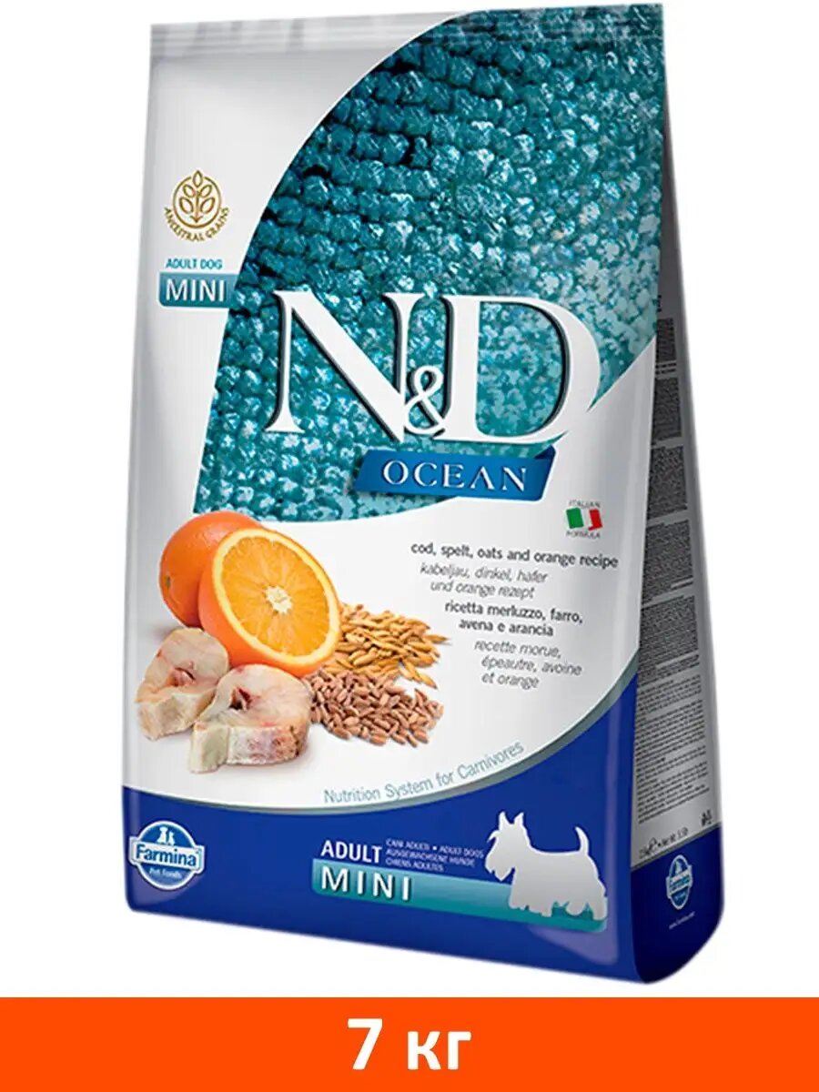 Корм сухой Farmina Dog N&D Ocean Adult Mini Codfish & Orange для мелких собак с треской и апельсином, 7 кг