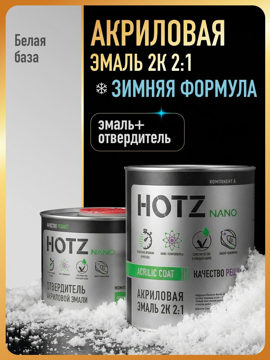 Акриловая краска автомобильная, Белая базовая, 2К 2:1 Комплект (эмаль: 1000 мл + отвердитель: 500 мл), HOTZ