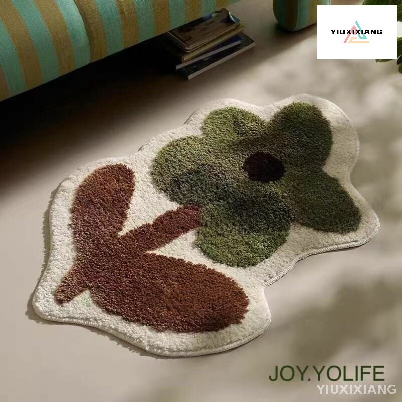 Эксклюзивный махровый ковер с вышивкой Цветочек зеленый 50х74 см для пола в спальне, ванной, гостиной или прихожей от Joy.Yolife