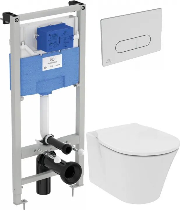 Комплект унитаза с инсталляцией Ideal Standard Connect Air PR212101 подвесной безободковый с сиденьем микролифт с клавишей смыва хром матовая