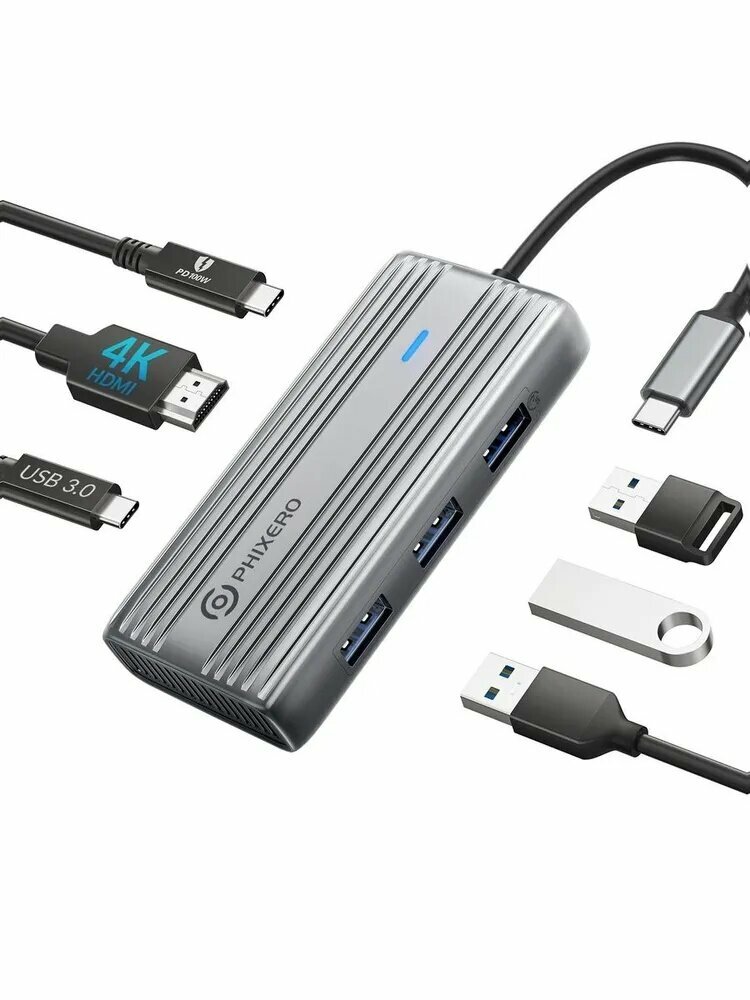 6-в-1 USB-C Hub PHIXERO 4K 30Hz HDMI адаптер, док-станция с PD зарядкой 100W, 3xUSB-A и USB-C портами 5 Гбит/с для MacBook Pro/Air, iPad Pro