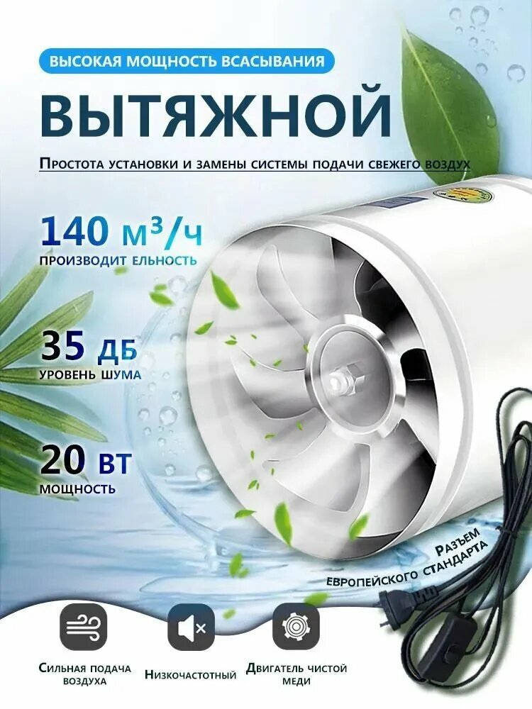 Вентилятор канальный 100мм 140м3/ч металлический (настенный, вытяжной, канальный)
