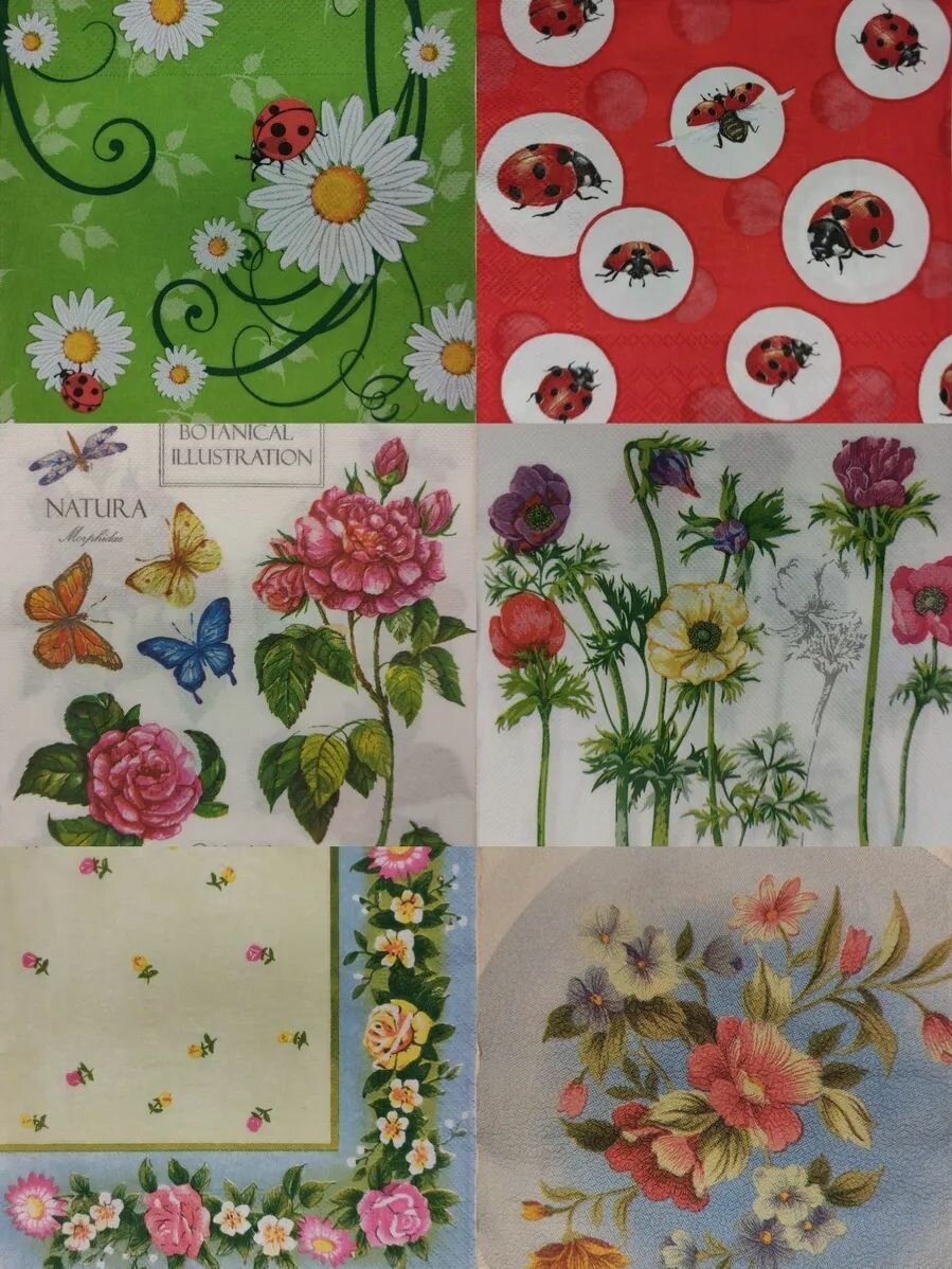 Салфетки бумажные для декупажа, набор Цветы № 5 из 6шт разного дизайна. 33*33, 3-х/2-х слойные