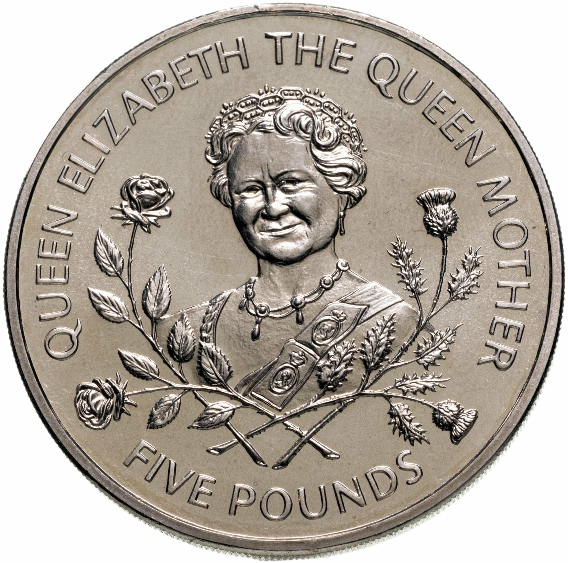 Гернси 5 фунтов 1995 "Королева-мать", Мельхиор медь-никель, в сохранности BUNC