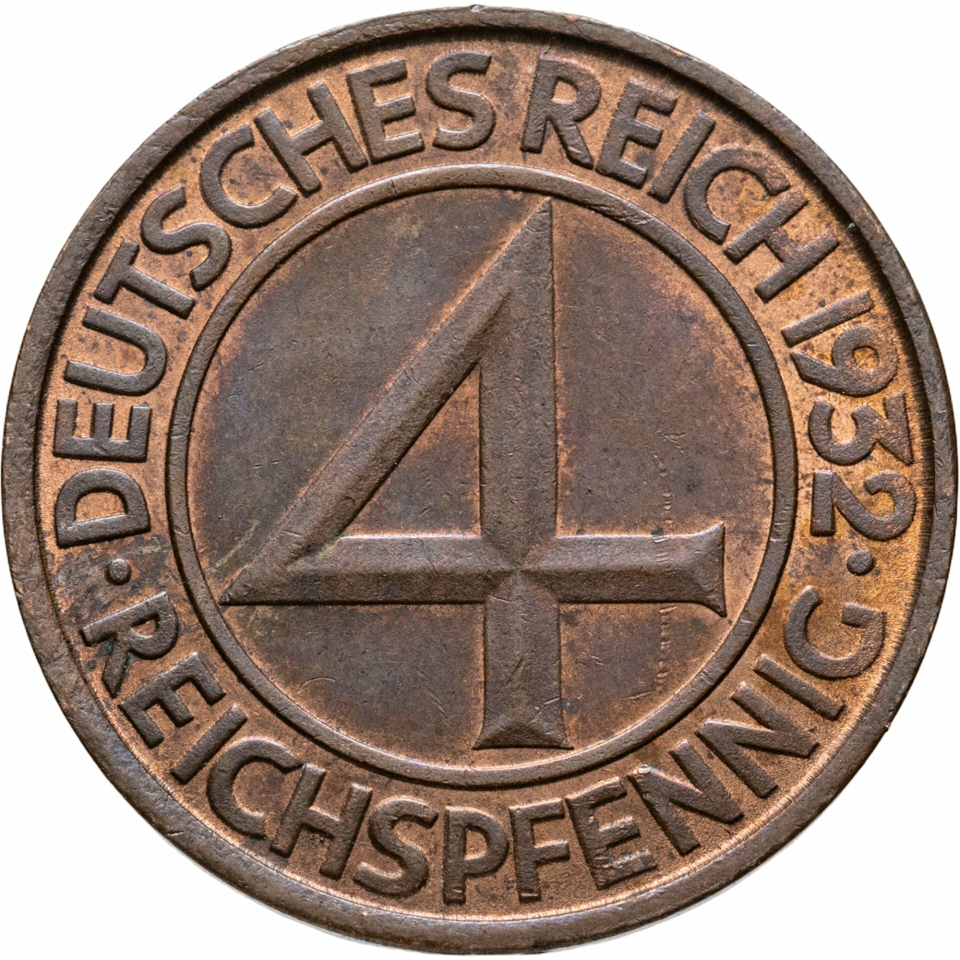 Германия 4 рейхспфеннига reichspfennig 1932, знак монетного двора "J" — Гамбург, Бронза, в сохранности AU-UNC