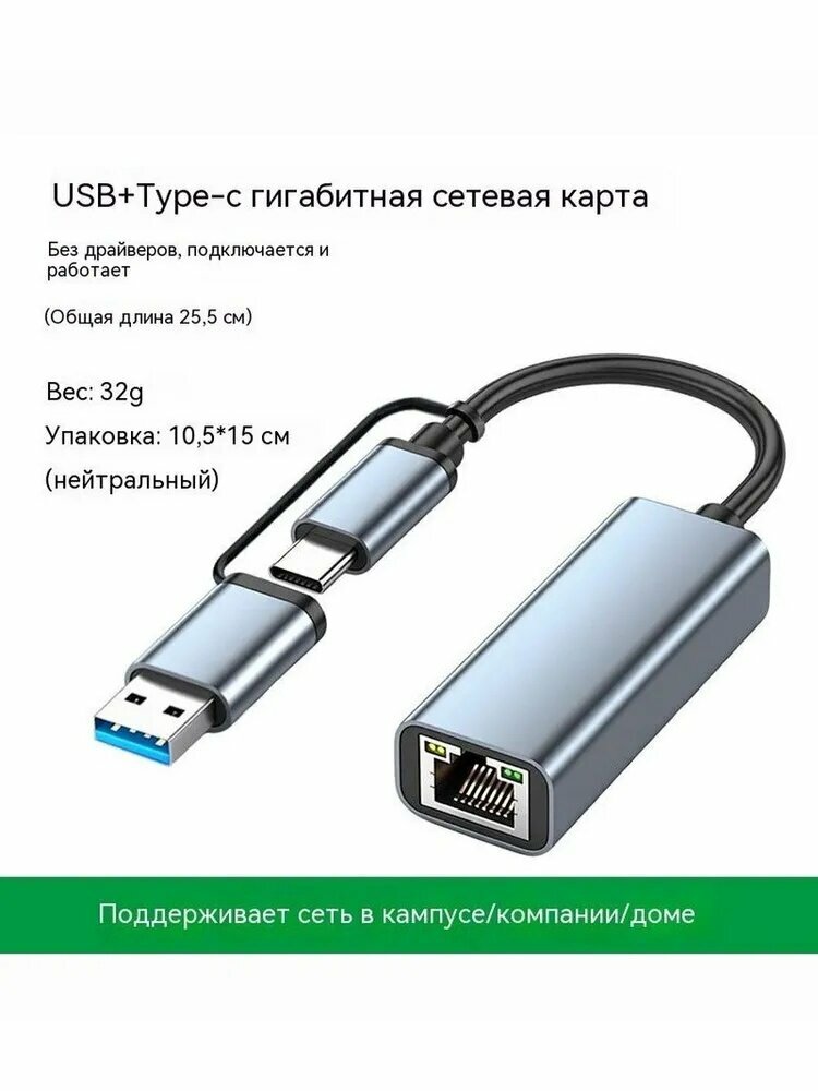 USB Hub Lan Adapter/ Сетевая карта USB / Ethernet адаптер сетевой/ RJ-45 переходник LAN Интернет 1000 Мбит/с