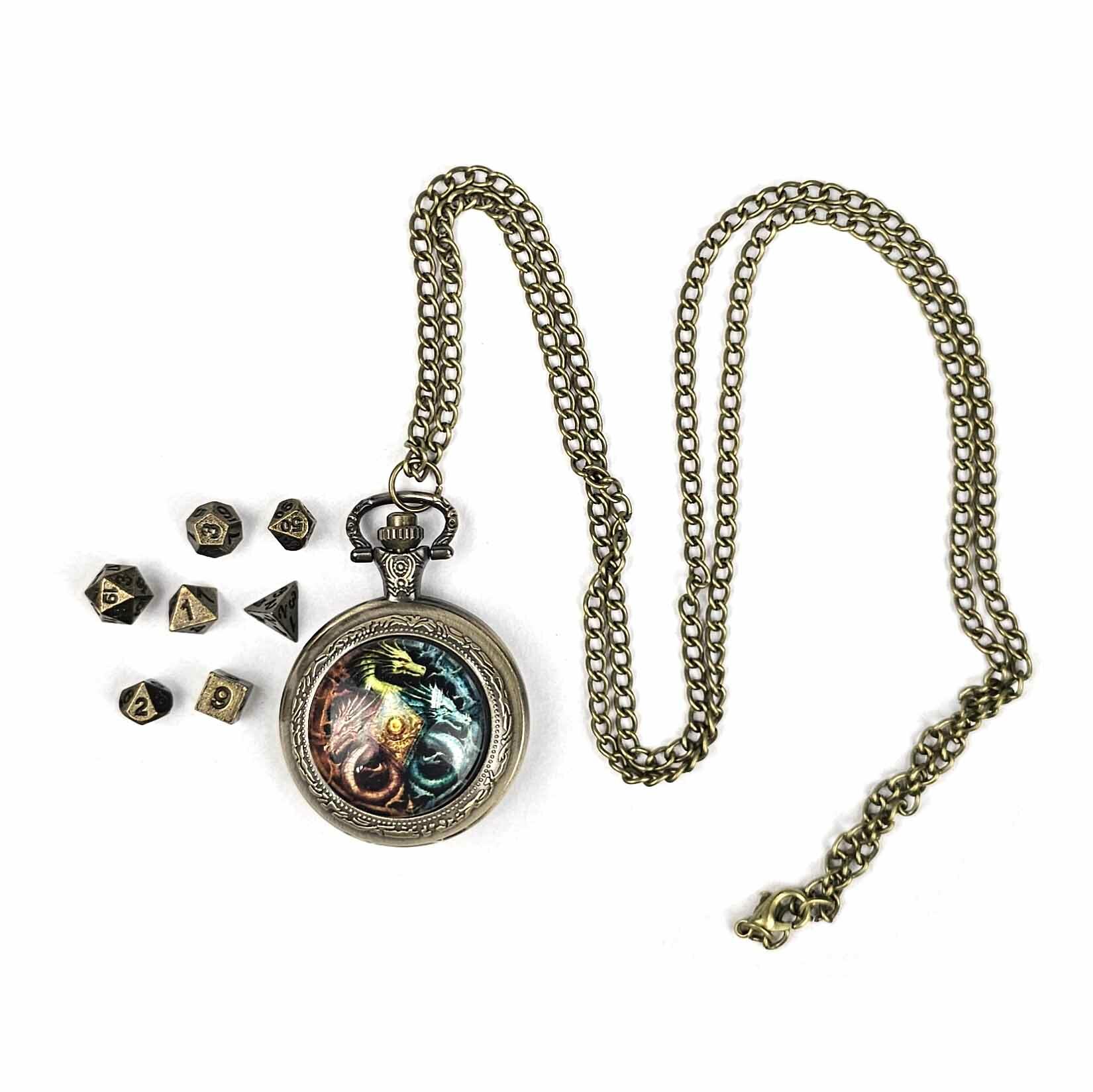 Кубики ДнД (7шт) Дайсы для DnD RPG Медальон Дух Дракона Античное Золото