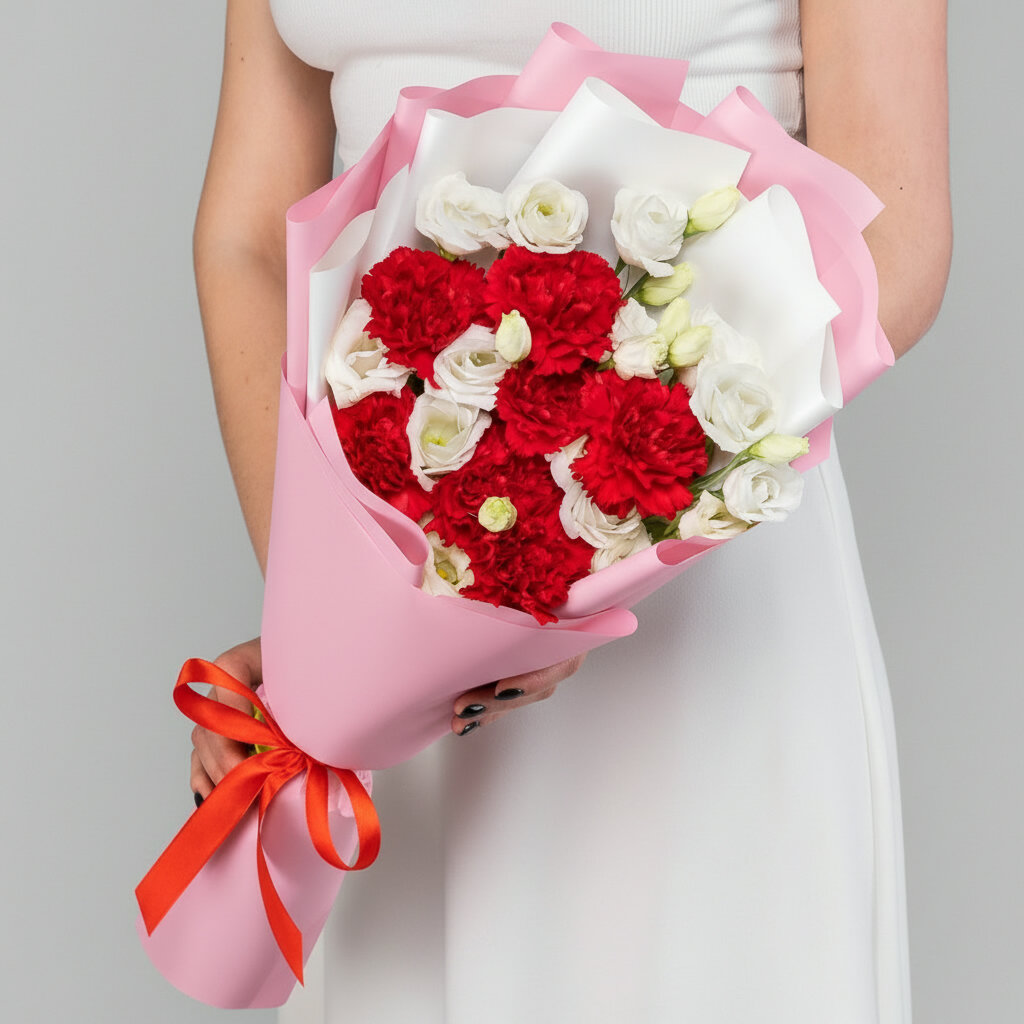 Дуо-букет Мегацвет24 "Гвоздика красная и Эустома", 40 см, дизайнерская упаковка